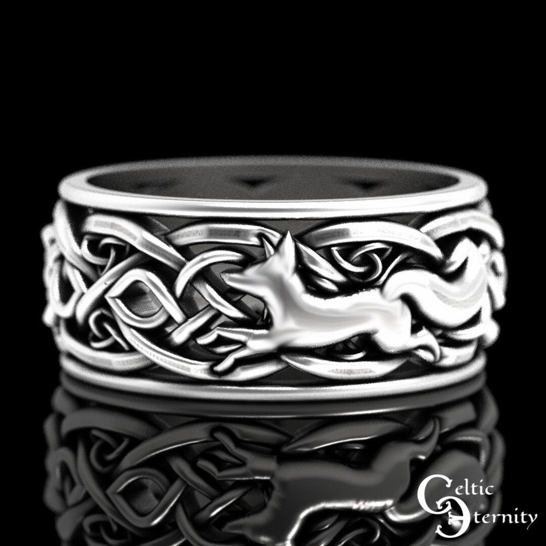 Mens Fox Wedding Ring, Sterling Fox Ring, Celtic Fox Wedding Ring, Fox ...