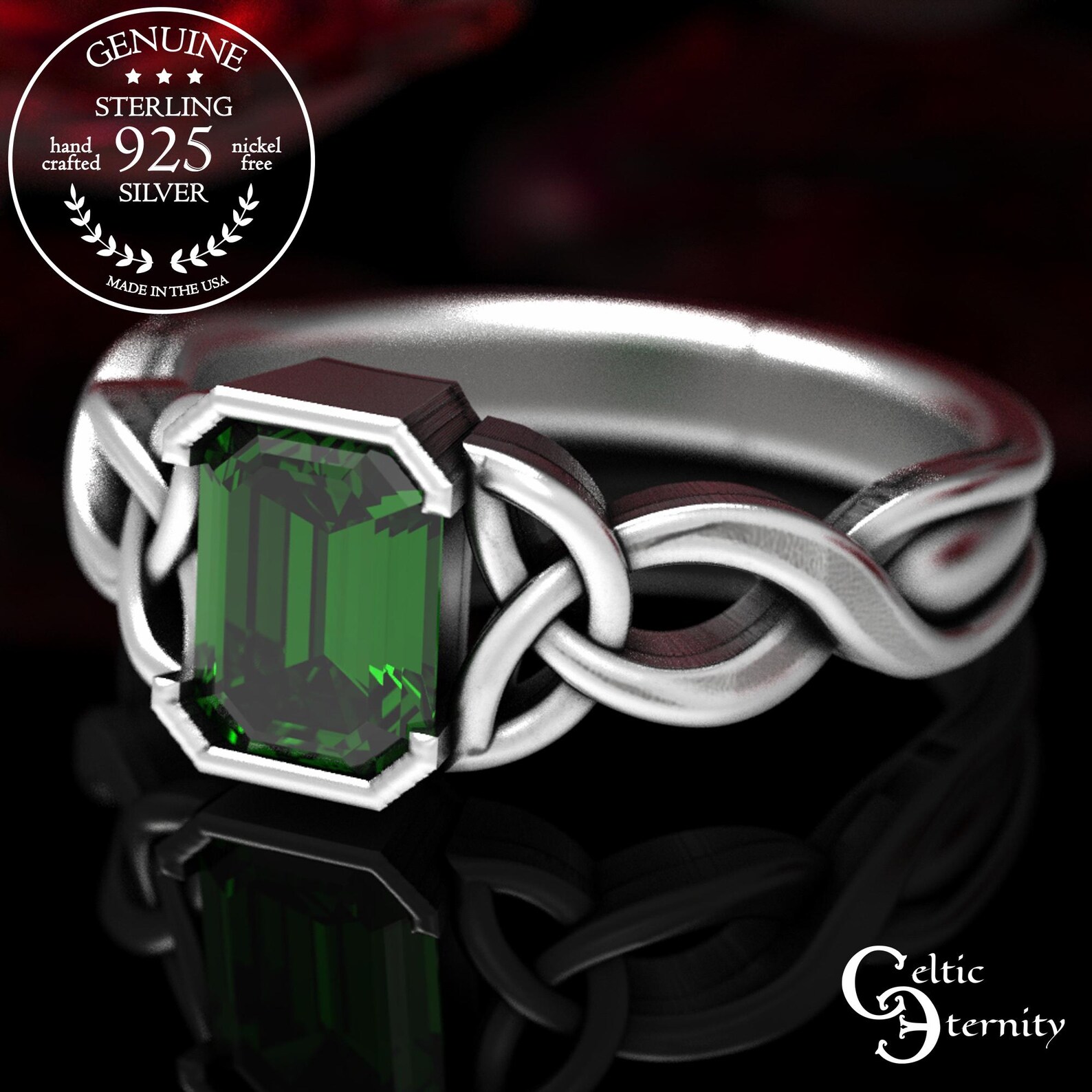 Celtic Emerald Silver Ring, Emerald Cut Engagement Ring, Sterling ...