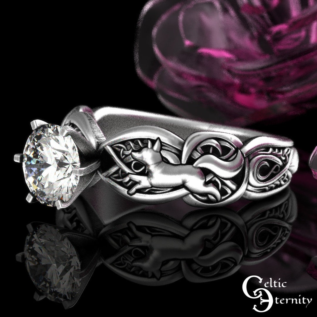 Celtic Fox Engagement Ring, Sterling Fox Solitaire Ring, Moissanite ...
