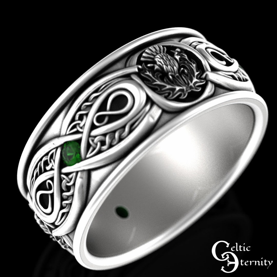 Emerald Thistle Wedding Ring, Sterling Mens Scottish Thistle Ring ...
