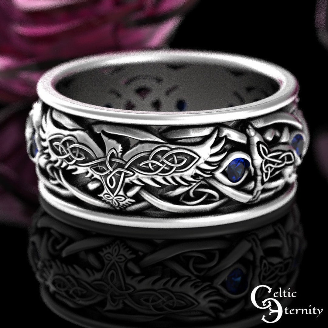 Sterling Raven Wolves Wedding Ring, Mens Wolf Wedding Ring, Sapphire ...