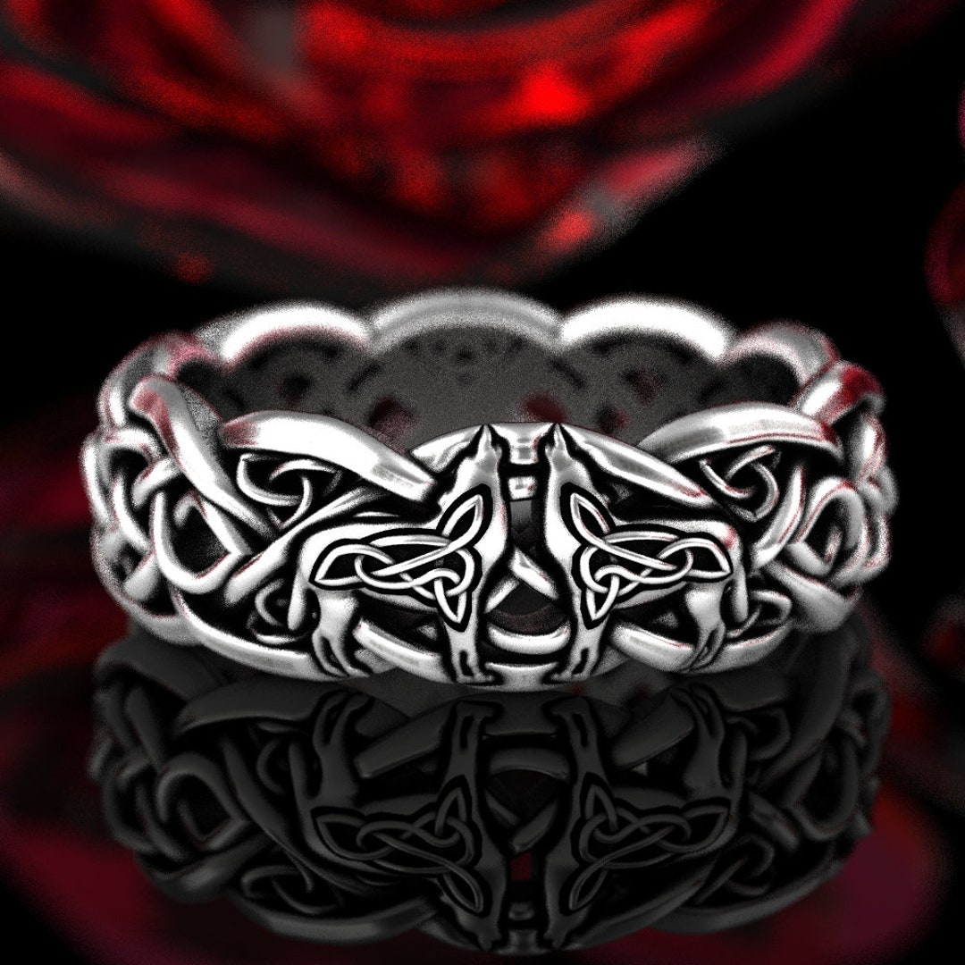 Celtic Wolf Ring, Sterling Silver Wolves, Celtic Wedding Band, Wolf ...