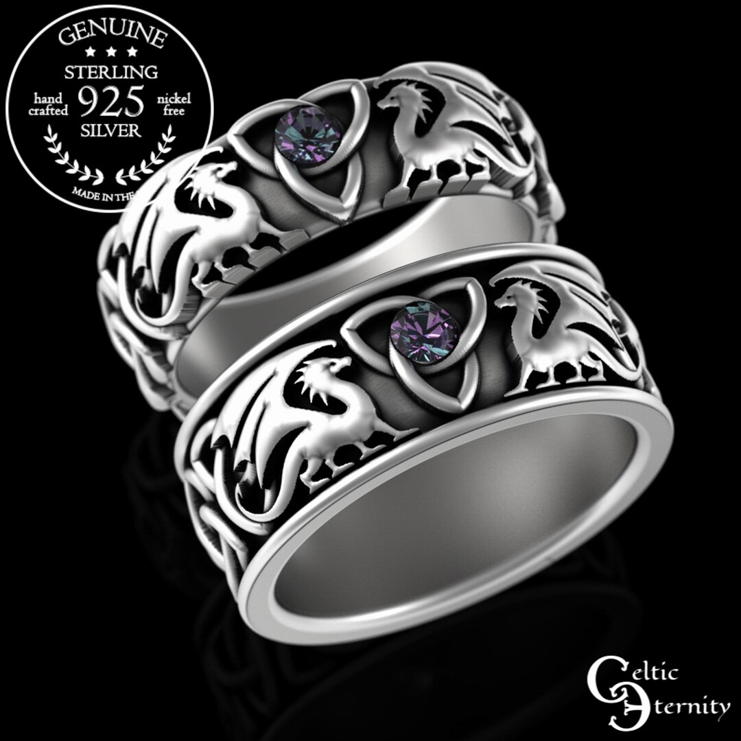 Alexandrite His Hers Dragon Wedding Ring Set, Sterling Matching Norse ...
