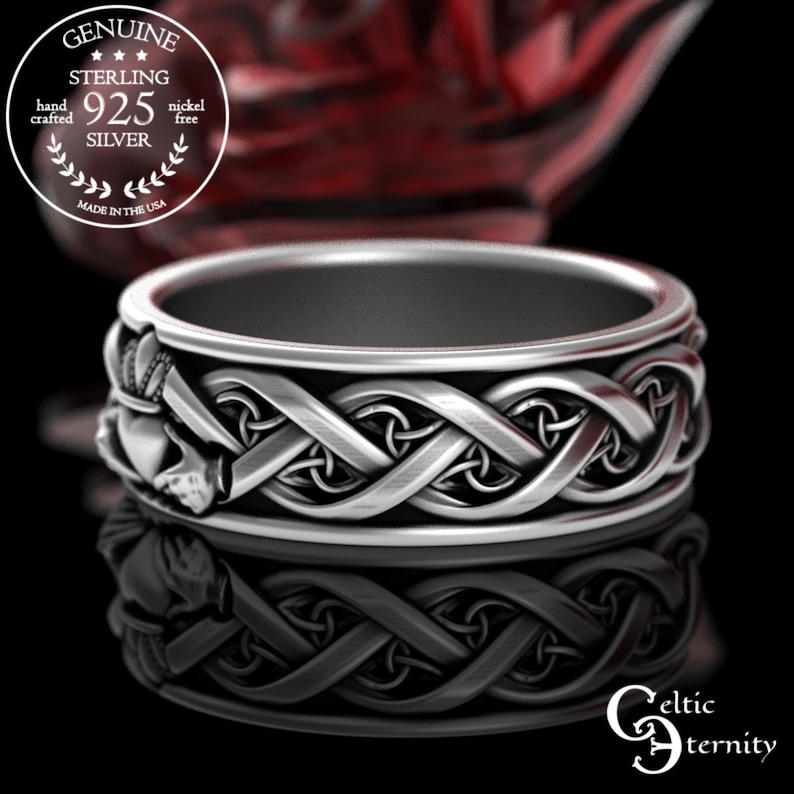 Mens Claddagh Knotwork Ring, Sterling Groom Irish Heart Hands Wedding ...