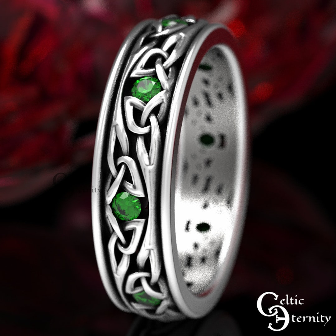 Emerald & Sterling Silver Celtic Mens Wedding Band, Sterling ...