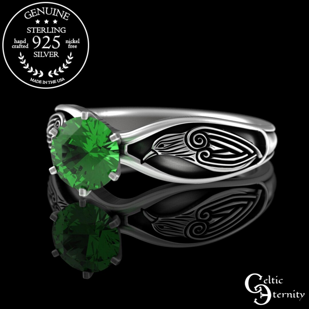 Emerald Viking Raven Engagement Ring, Sterling Norse Crow Solitaire ...