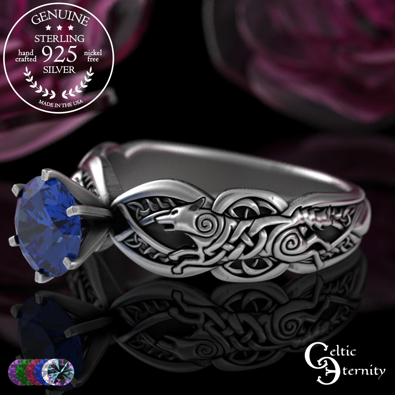 Sterling Celtic Wolf Engagement Ring, Moissanite Wolves Viking ...