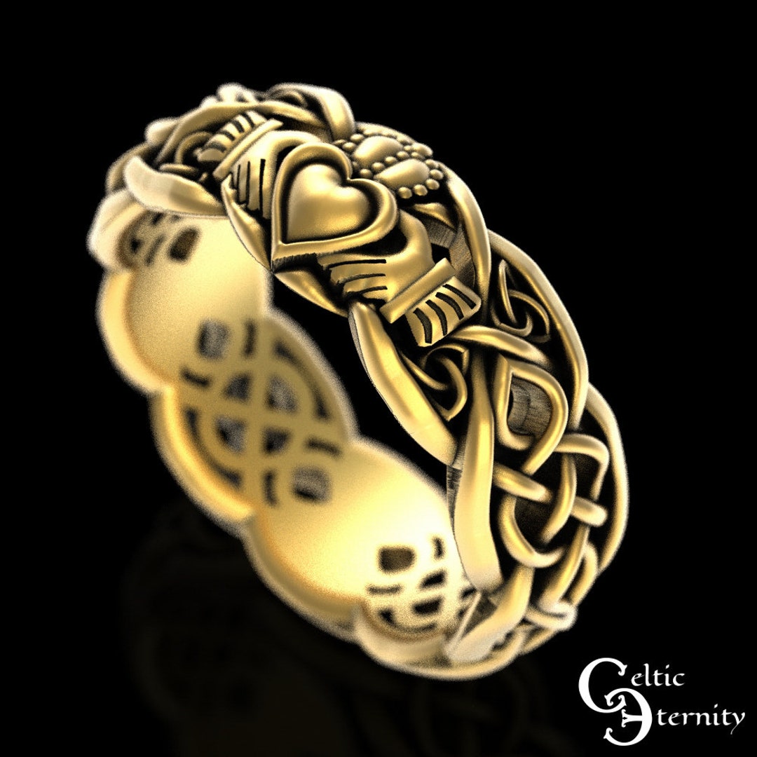 Gold Claddagh Wedding Ring, 10K Womens Celtic Heart Ring, Gold Irish ...