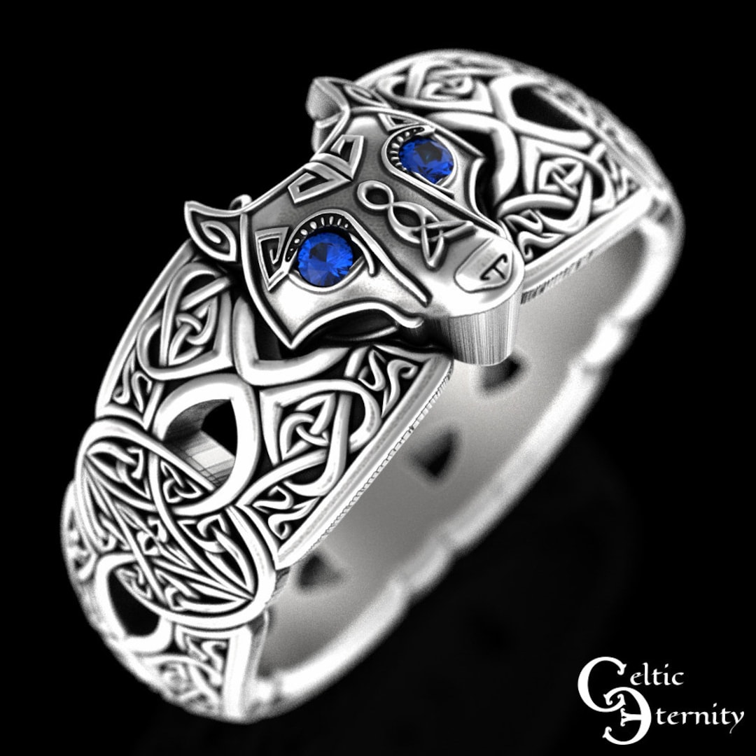 Celtic Wolf Ring, Sapphire Eye Wolf Ring, Sterling Wolf Ring, Wolf ...