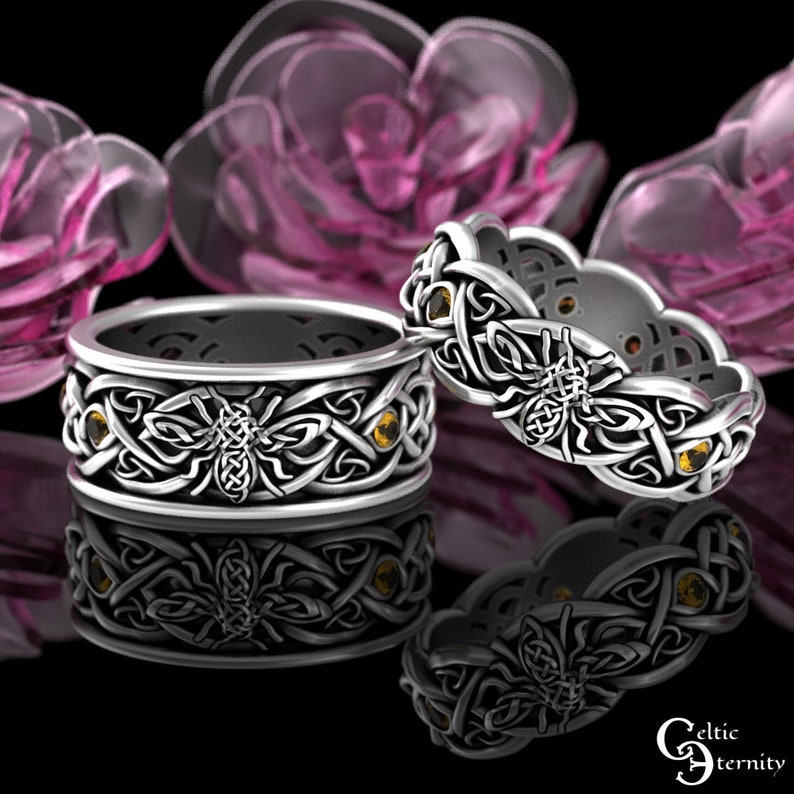 Yellow Bumblebee His Hers Wedding Bands, Sterling & Yellow Sapphire ...