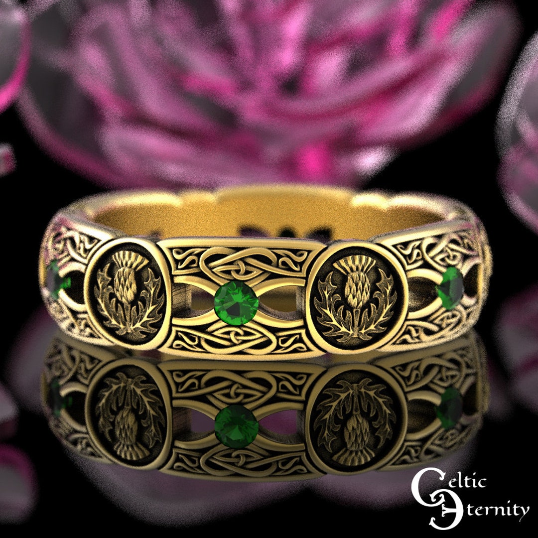 Celtic Emerald Gold Wedding Ring, 10K Emerald Thistle Ring, 14K Emerald ...