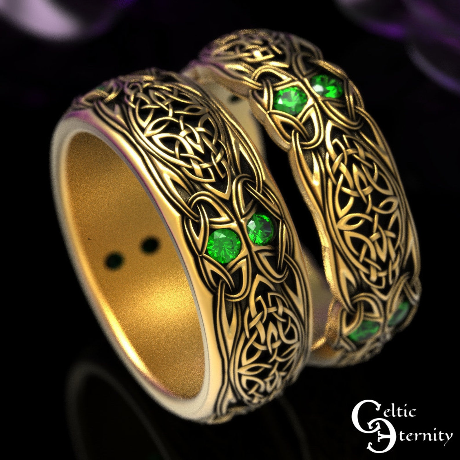 Matching Emerald Ring Set, Sterling Celtic Wedding Ring Set, Celtic ...