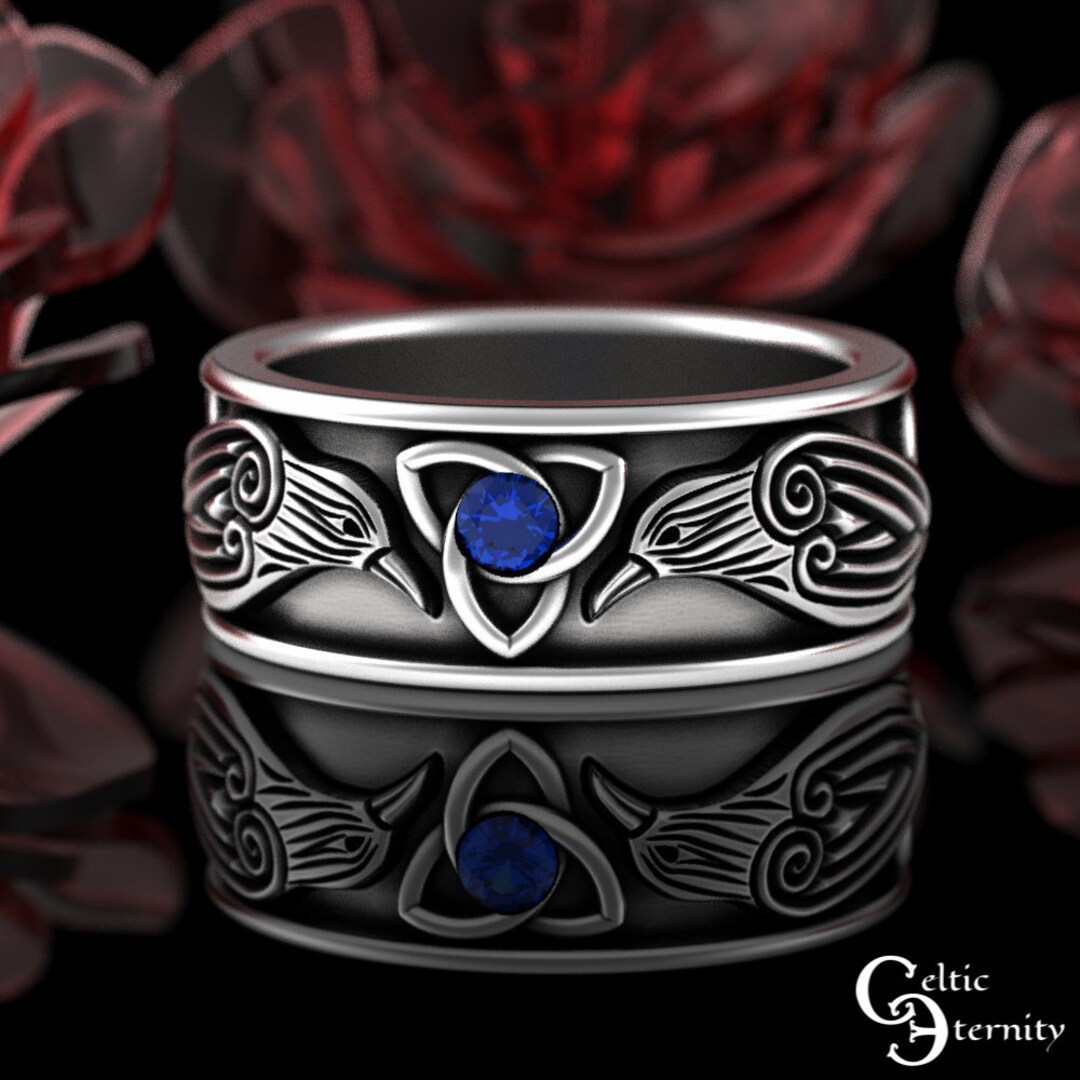 Sapphire & Sterling Odin Ravens Ring, Silver Raven Viking Wedding Band ...