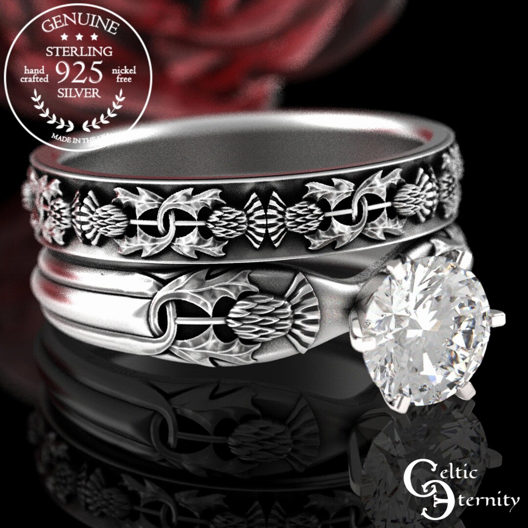 Sterling Thistle Engagement Ring Set, Moissanite Solitaire Ring ...