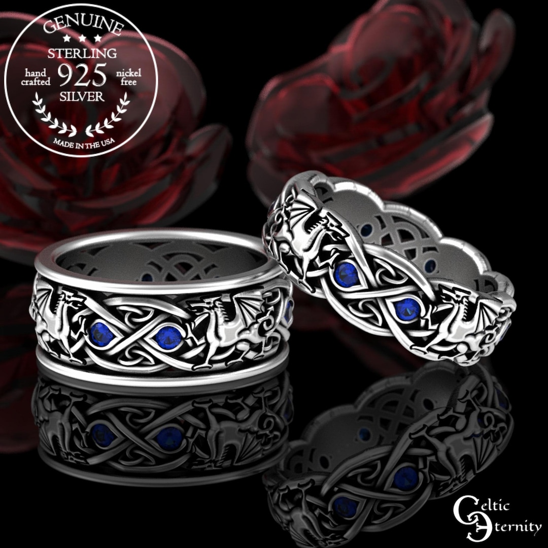 Matching Dragon Wedding Rings, Sapphire Sterling Celtic Rings, His Hers ...