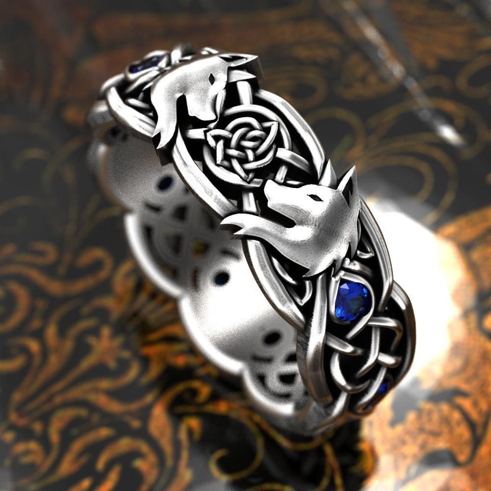Womens Sapphire Wolf Ring, Sterling Celtic Wedding Band, Silver ...
