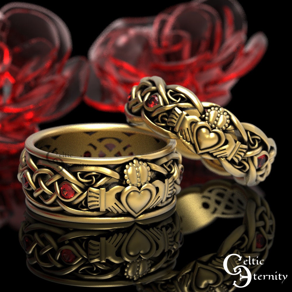 Gold Claddagh Ring with Rubies Modern Claddagh Wedding Ring | Etsy