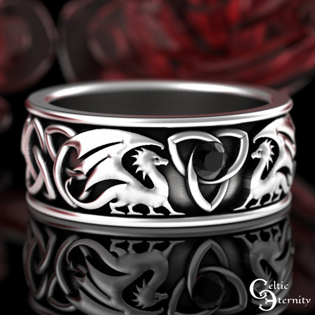 Sterling Viking Dragon Ring, Mens Dragon Wedding Band, Black Spinel ...