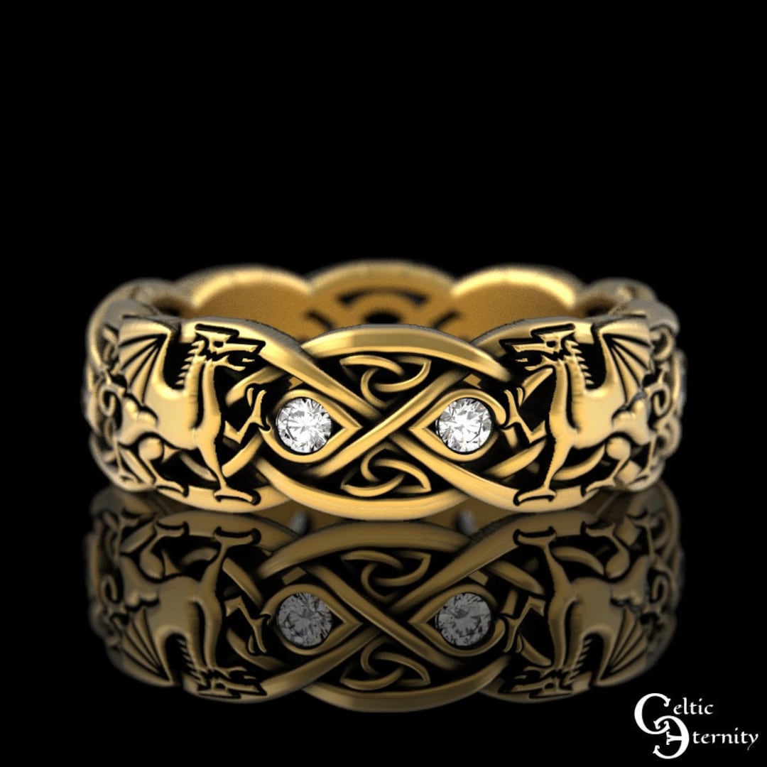 Welsh Dragon Ring 10K 14K Gold, 18K Irish Dragon Wedding Band, Celtic ...