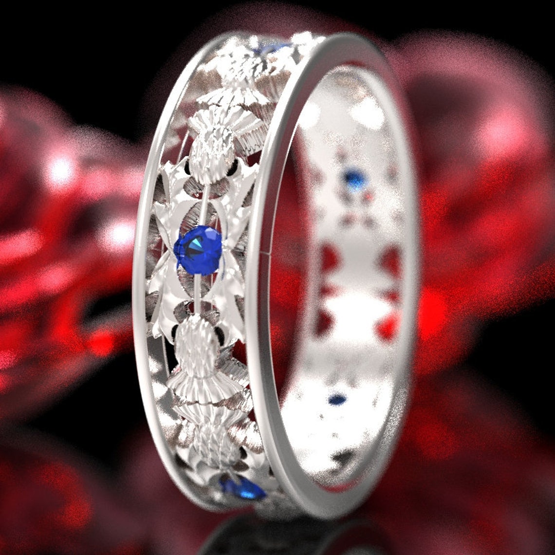 Platinum Thistle Ring With Sapphires Scottish Ring Unique - Etsy