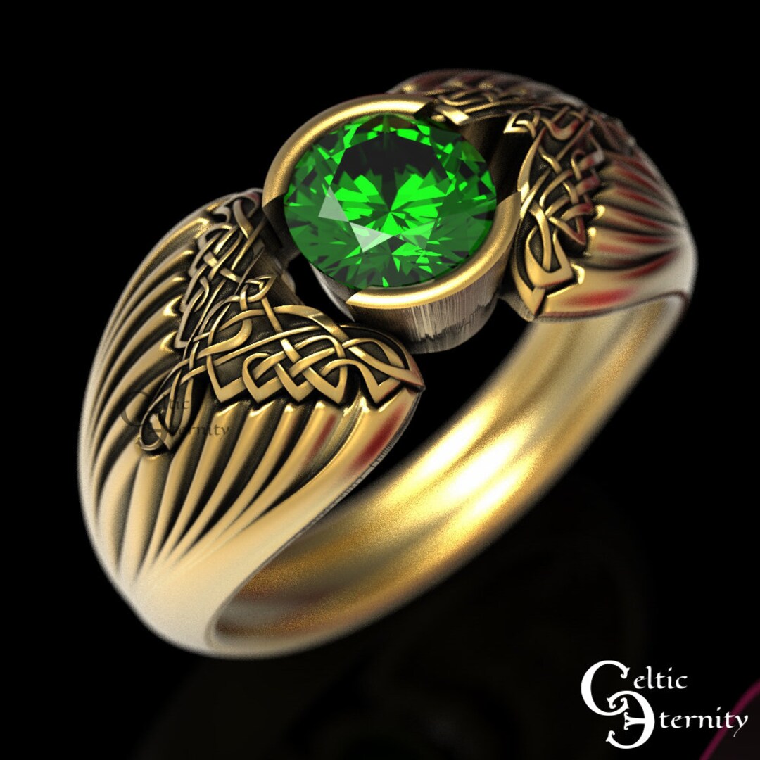 Gold Emerald Raven Ring, Celtic Wedding Ring, Mens Emerald Ring ...