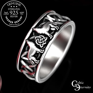 Solid Sterling Silver Celtic Wolf Ring, Wolf Wedding Band, Celtic Mens Wedding Band, Mens Wolf ...