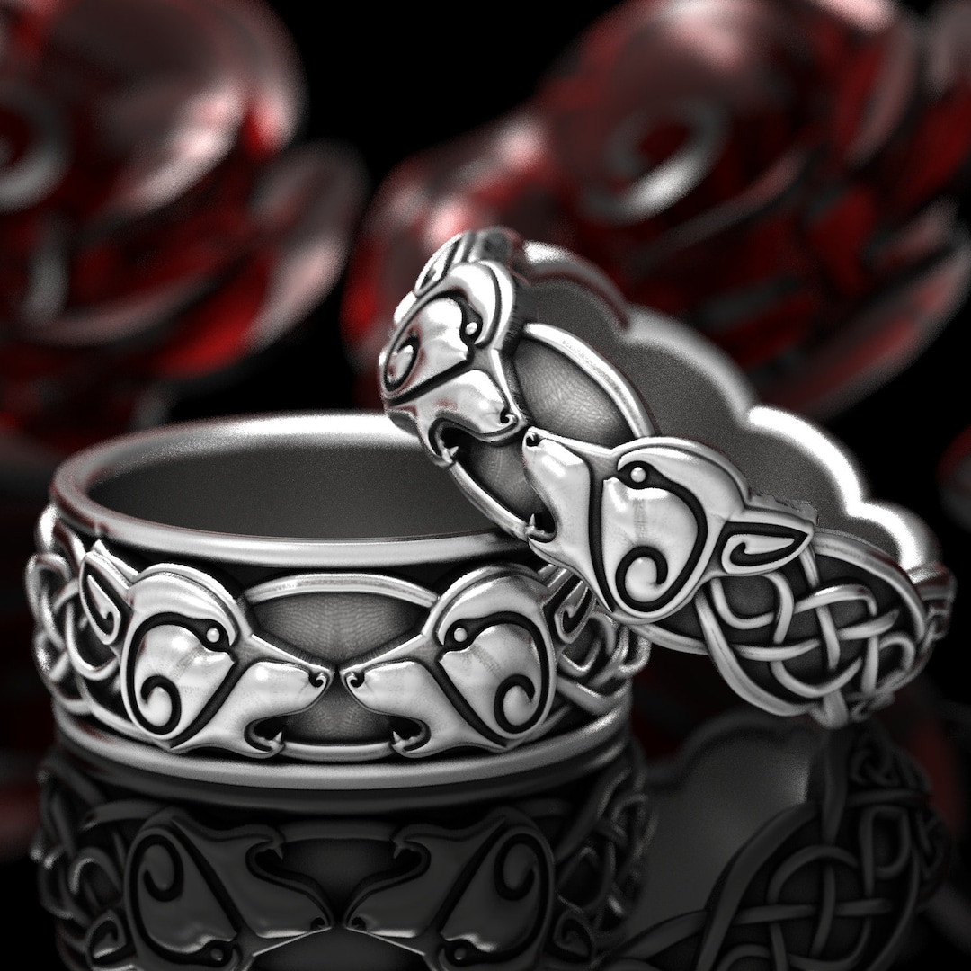 Wolf Wedding Ring Set, Celtic Wolf Ring Set, Mens Wedding Band ...