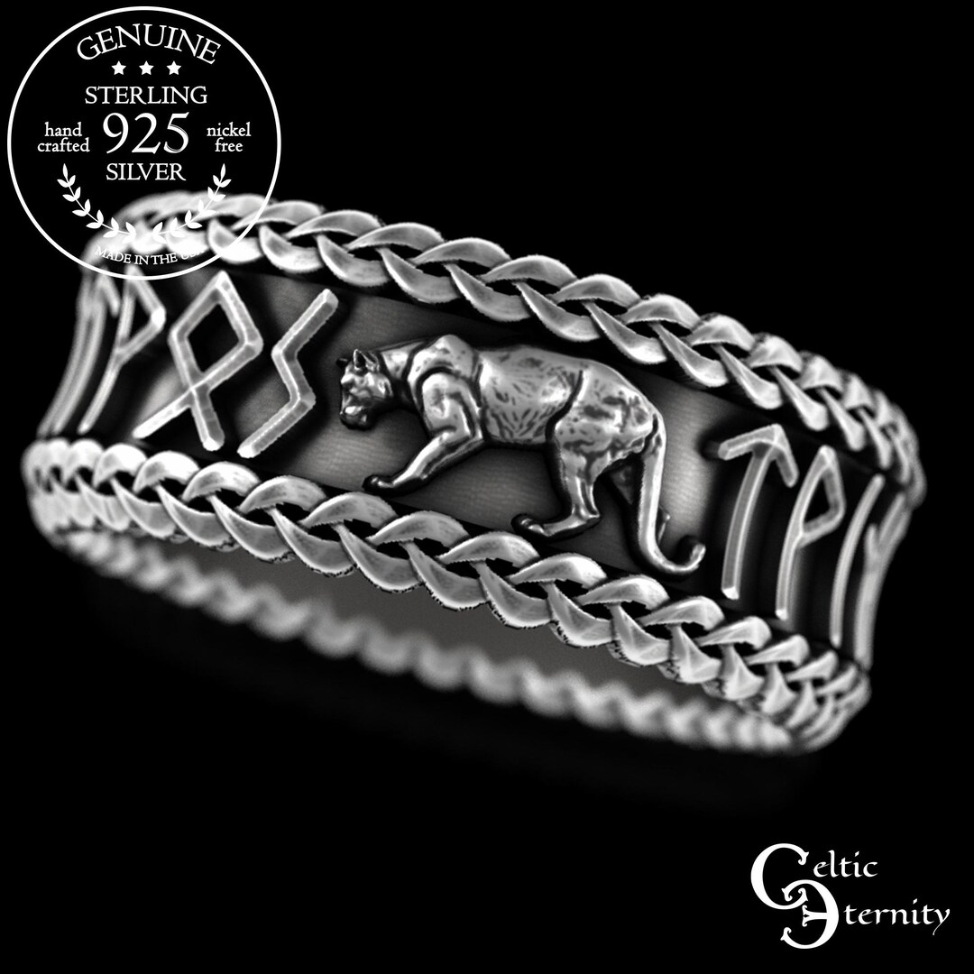 Norse Runes With Cougar Spirit Animal Ring, Sterling Mountain Lion ...