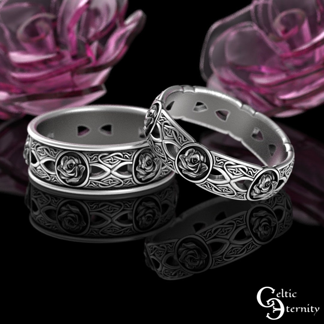 Matching Celtic Roses Wedding Ring Set, His Hers Sterling Silver Botanical Ring Set, Irish ...
