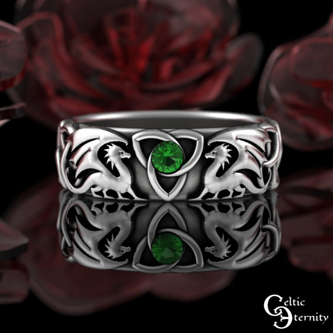 Ladies Emerald Dragon Ring, Celtic Wyvern Wedding Band, Sterling Womens ...