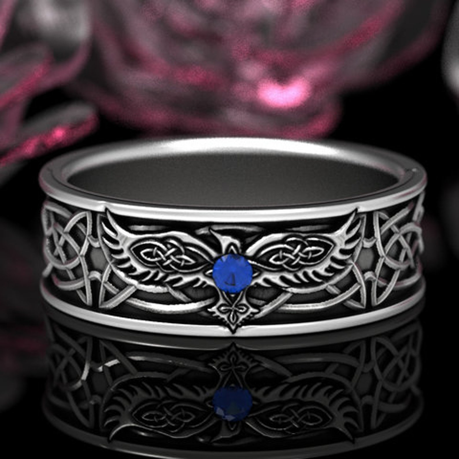 Celtic Raven Ring With Sapphire Sterling Raven Ring Viking | Etsy