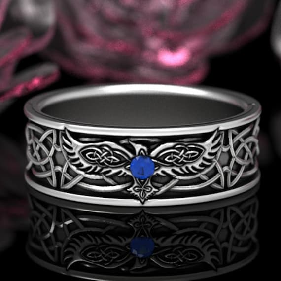 Celtic Raven Ring With Sapphire Sterling Raven Ring Viking | Etsy