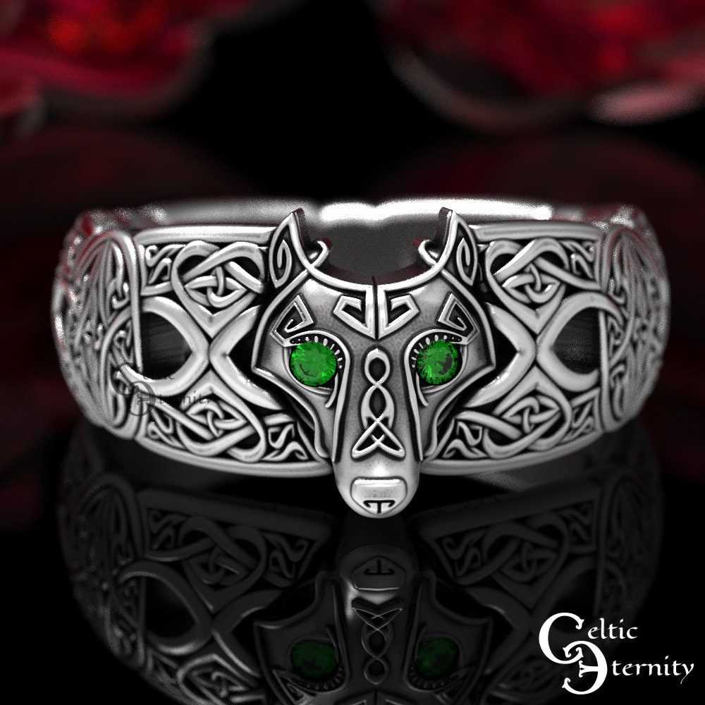 Celtic Wolf Ring, Emerald Eye Wolf Ring, Sterling Wolf Ring, Wolf Wedding Ring, Silver Viking ...