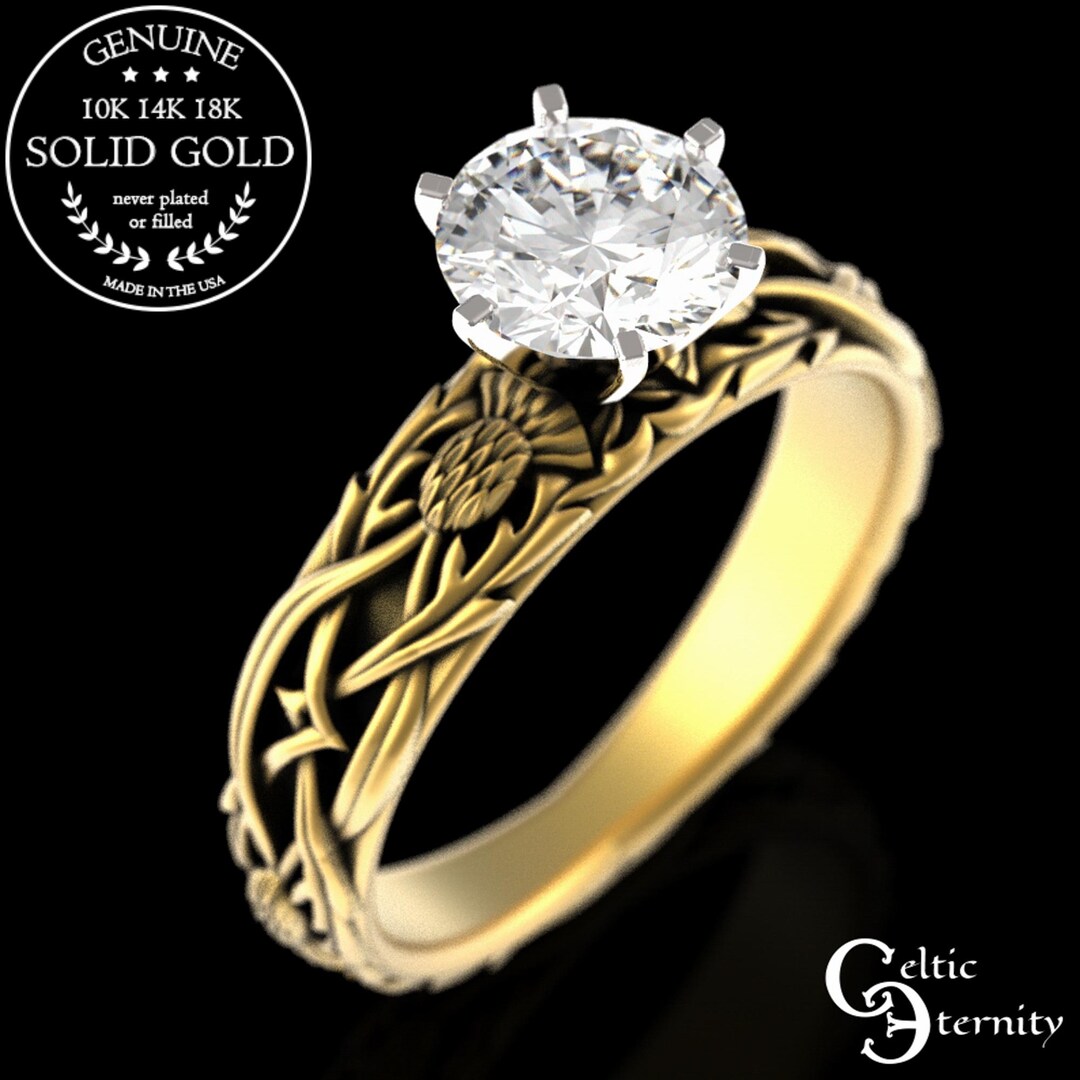Gold Irish Thistle Wedding Ring, 10K Moissanite Scottish Engagement ...