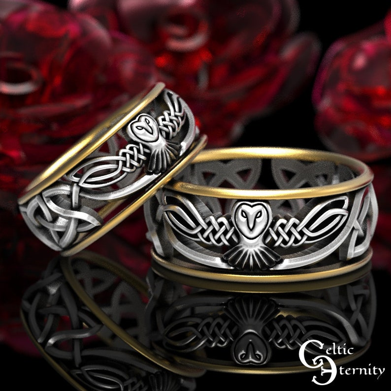 Matching 2 Tone Ring Set Celtic Wedding Rings Gold Owl Ring | Etsy