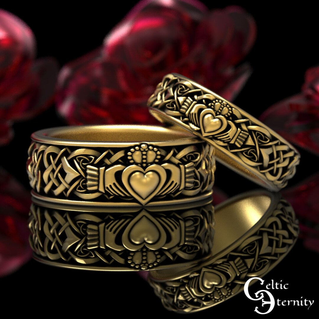 Gold Claddagh Matching Ring Set, 14K Irish Heart Ring Set, Gold ...