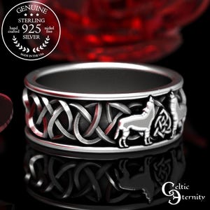 Solid Sterling Silver Celtic Wolf Ring, Wolf Wedding Band, Celtic Mens Wedding Band, Mens Wolf ...