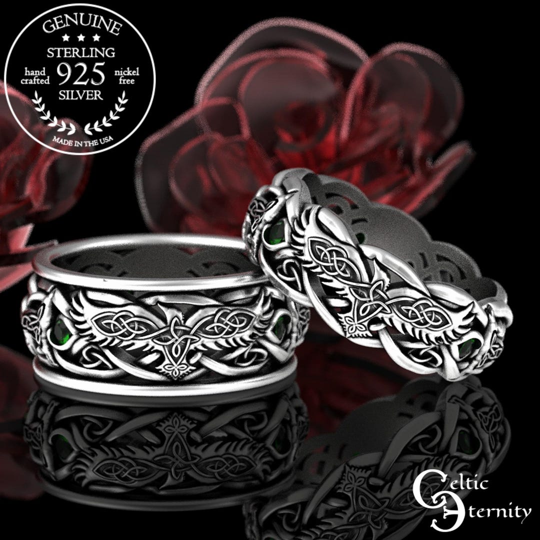 Matching Emerald Raven Wolf Ring Set, His Hers Sterling Celtic Matching ...