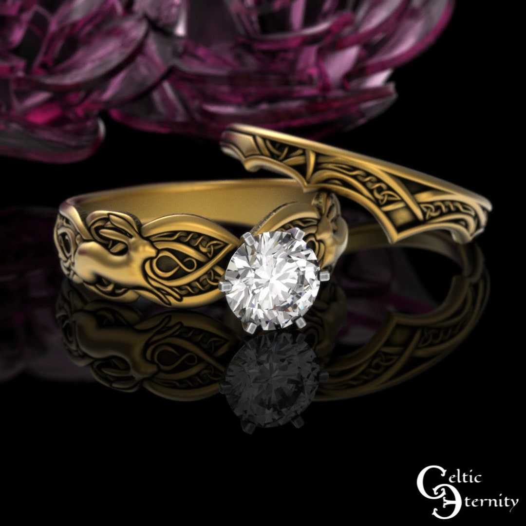 Matching Stacking 10K Gold Rabbit Engagement Set, 1 Carat Moissanite ...