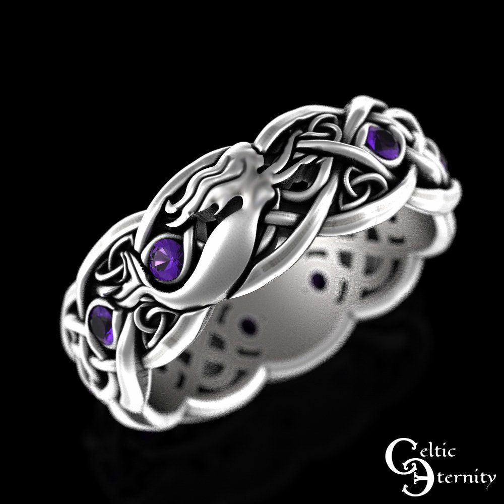 Sterling Celtic Mermaid Wedding Band, Amethyst Womens Irish Mermaid ...