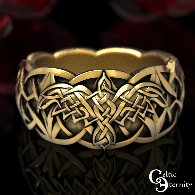 Gold Celtic Raven Ring Raven Wedding Band Mens Wedding Band | Etsy