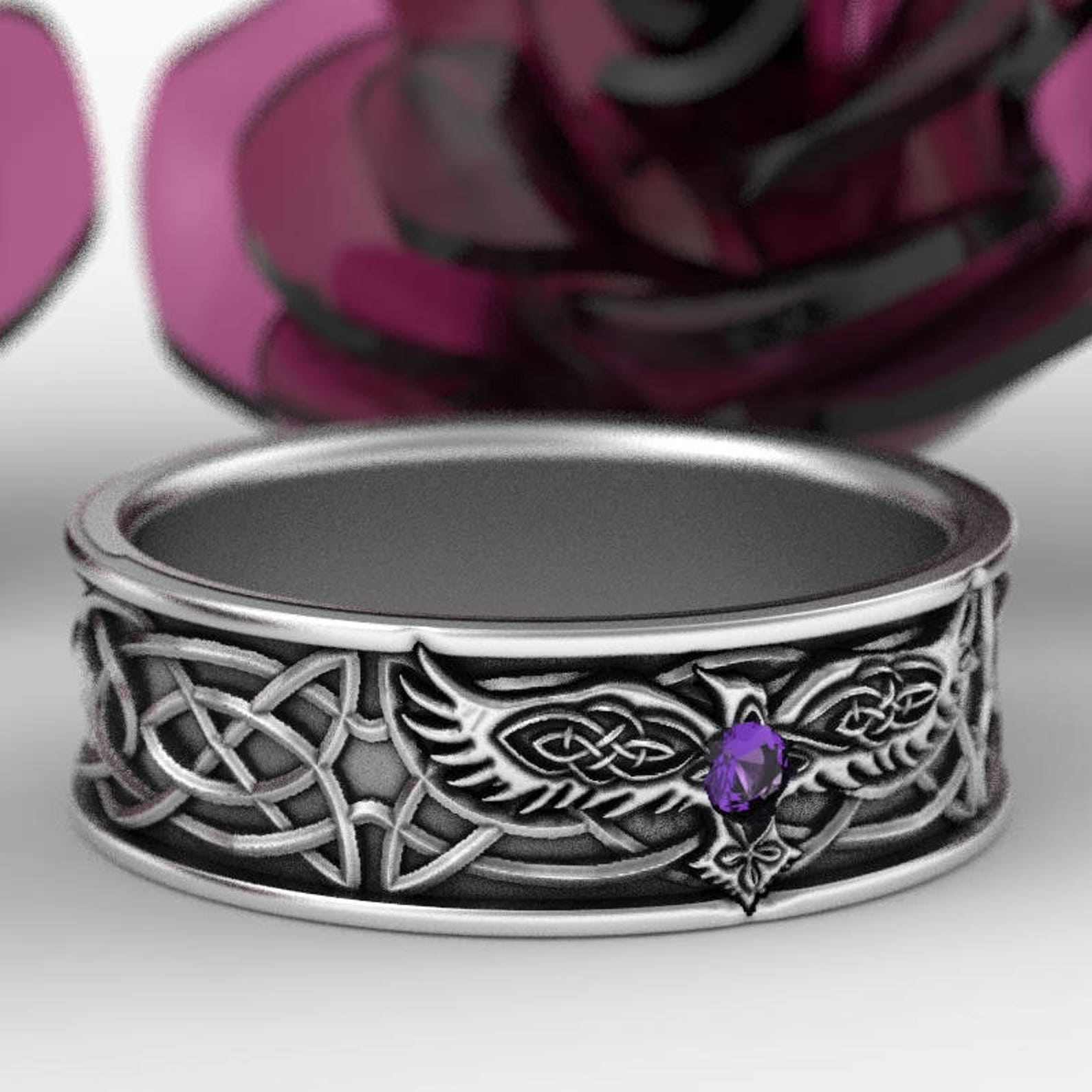 Sterling Silver Raven Ring Amethyst Silver Ring Mens Celtic | Etsy