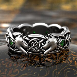 Emerald Wolves Wedding Band, Sterling Celtic Wolf Ring, Womens Wolf ...