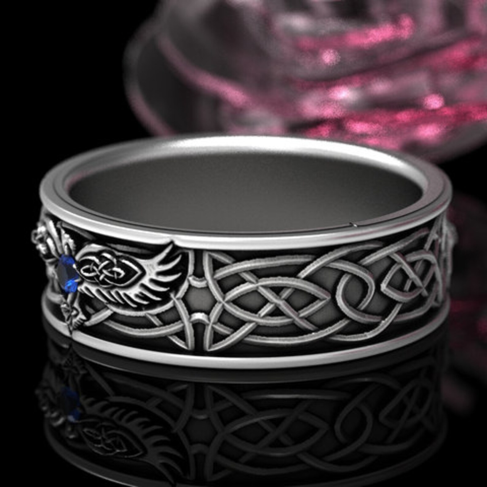 Celtic Raven Ring With Sapphire Sterling Raven Ring Viking | Etsy