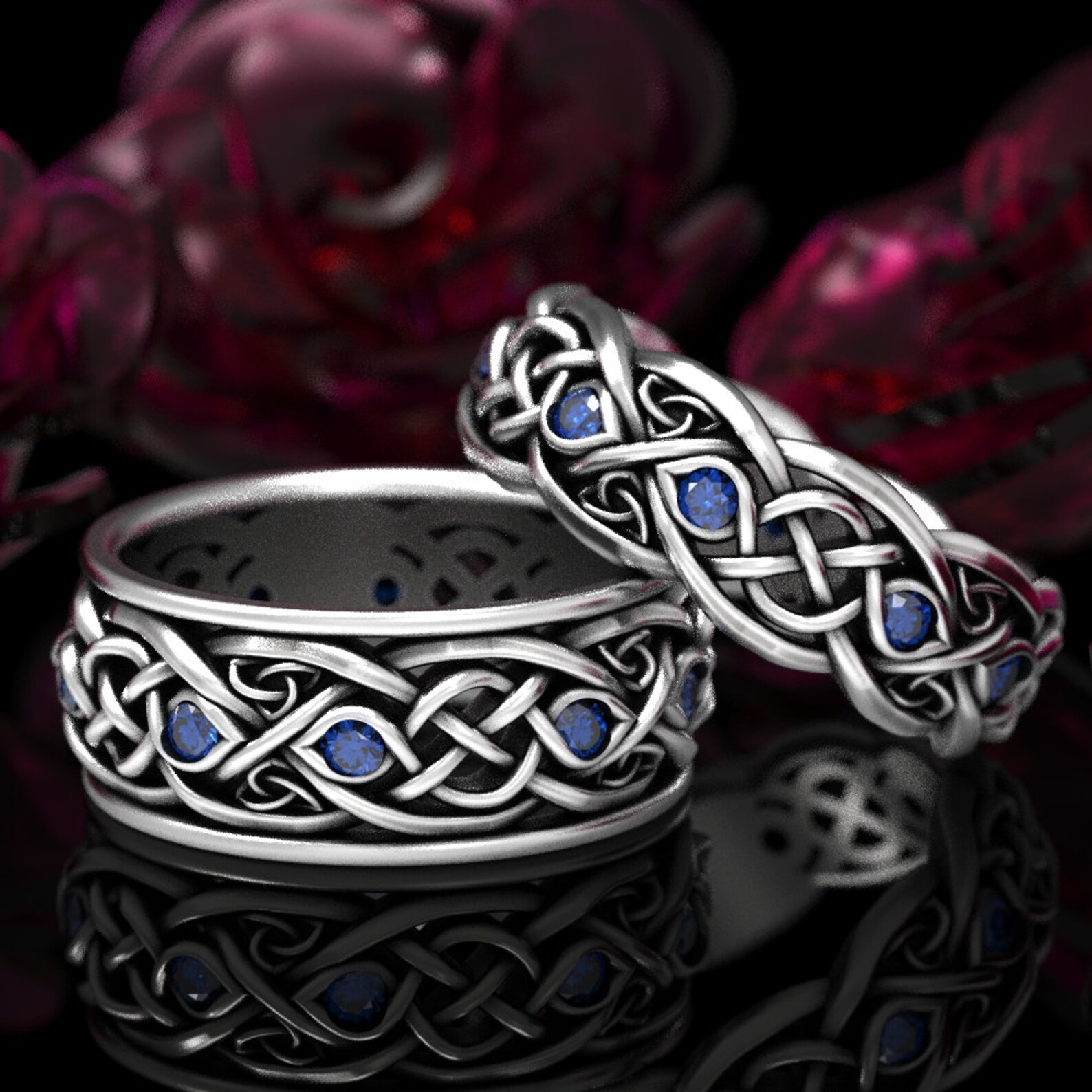 Matching Wedding Ring Set Sapphire & Sterling Silver | Etsy