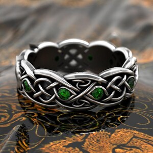 Emerald Wolves Wedding Band, Sterling Celtic Wolf Ring, Womens Wolf ...