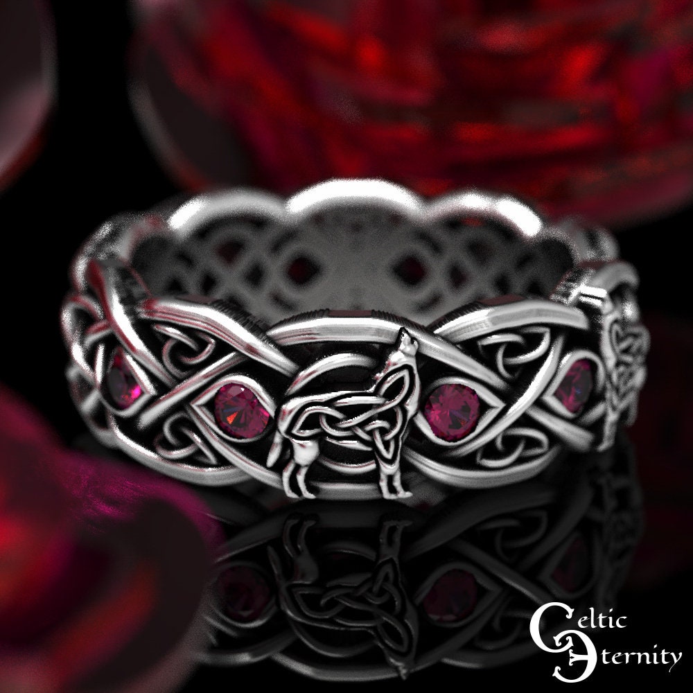 Ruby Wolf Wedding Ring, Sterling Silver Celtic Wolf Ring, Wolf Wedding ...