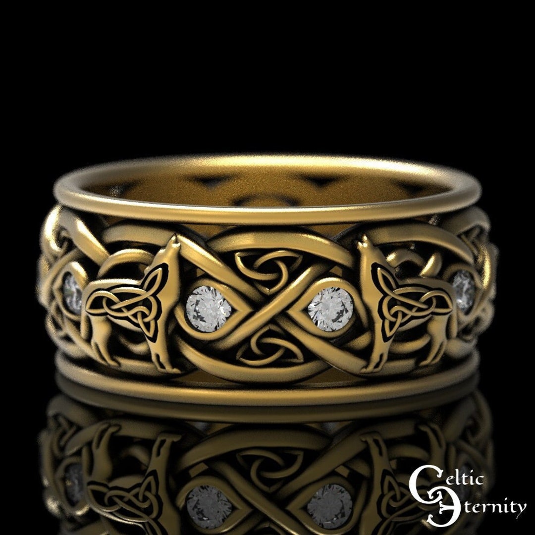 Gold Moissanite Wolf Ring, Gold Men's Wolf Wedding Ring, Celtic Gold ...
