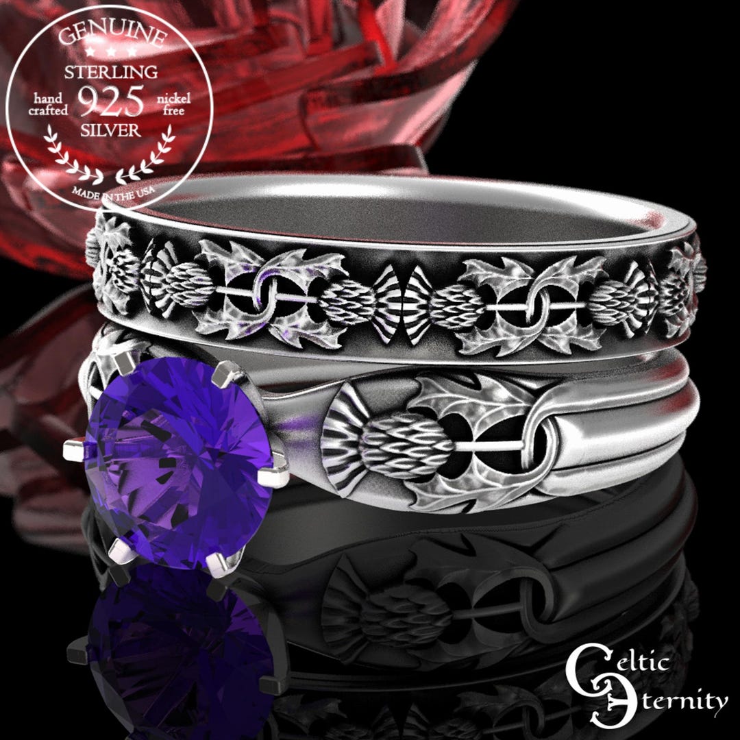 Scottish Thistle Engagement Ring Set, Amethyst Thistle Ring, Sterling ...