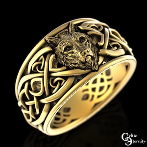 Mens Gold Viking Wolf Ring, 10K Gold Wolf Celtic Signet Ring, 14K White ...